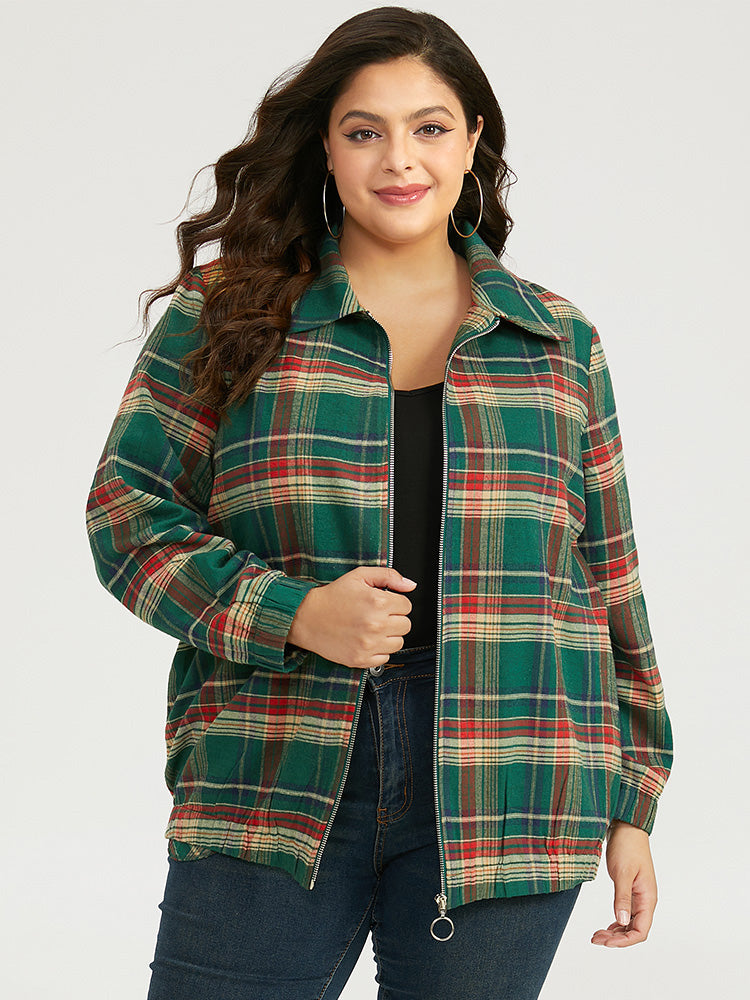 Plus Size Jackets | Plaid Contrast Zipper Pocket Jacket | BloomChic