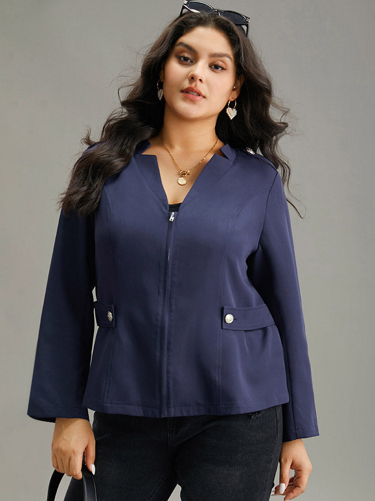 Plus Size Blazers | Plain Button Detail Notched Zipper Blazer | BloomChic