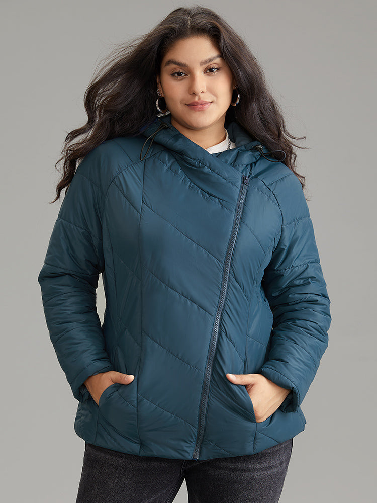 Plus Size Jackets | Plain Drawstring Padded Zipper Pocket Hooded Jacket | BloomChic