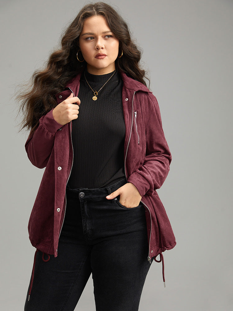 Plus Size Jackets | Plain Pocket Zipper Fly Drawstring Jacket | BloomChic