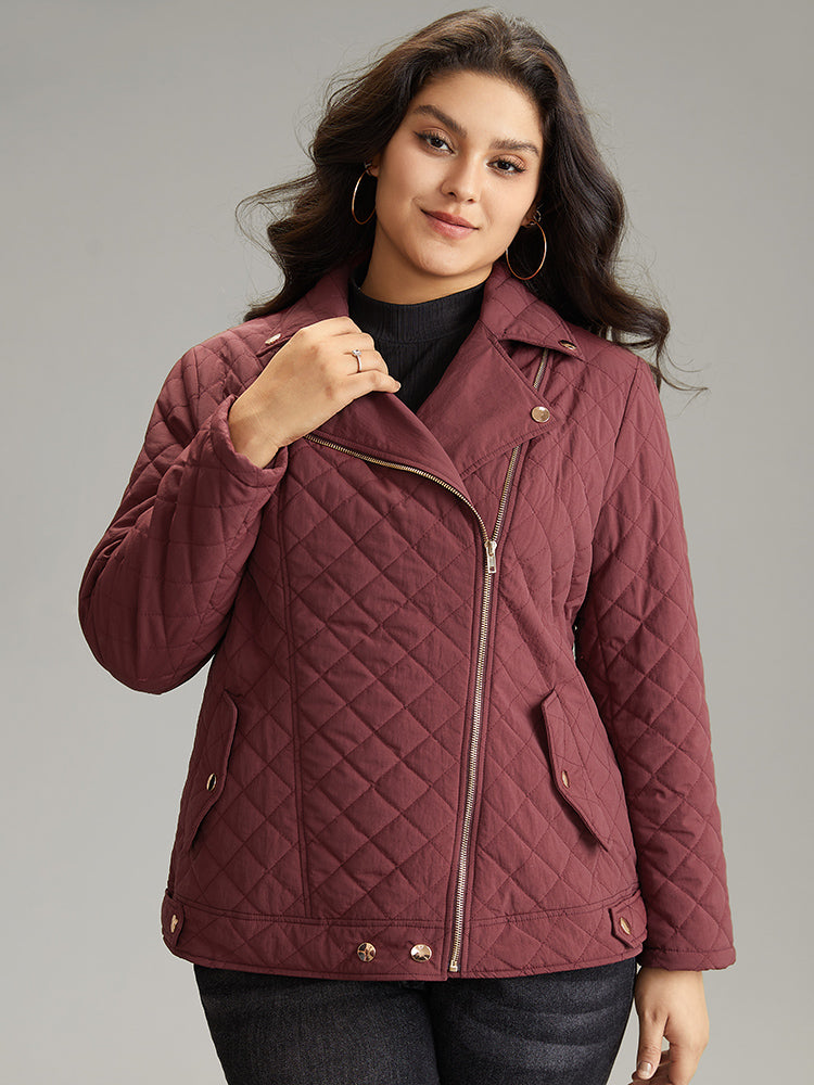 Plus Size Jackets | Zipper Fly Quilted Button Detail Lapel Collar Jacket | BloomChic