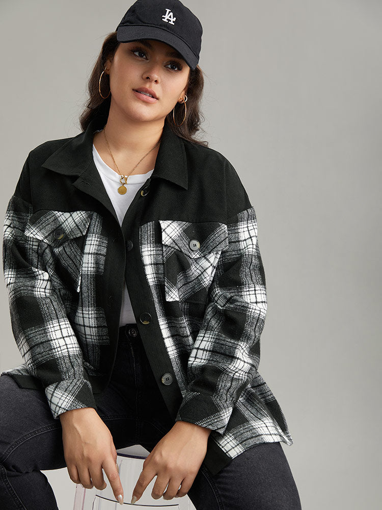 Plus Size Coats | Plaid Patchwork Patched Pocket Button Through Shacket | BloomChic