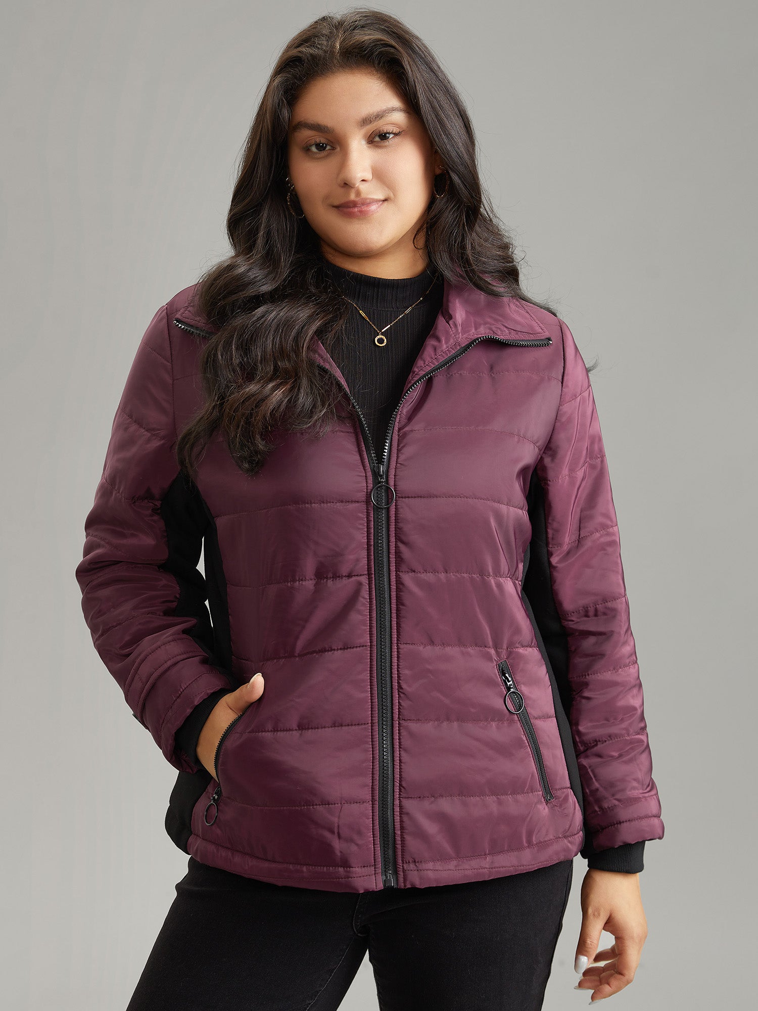 Plus Size Jackets | Solid Zipper Patchwork Padded Jacket | BloomChic