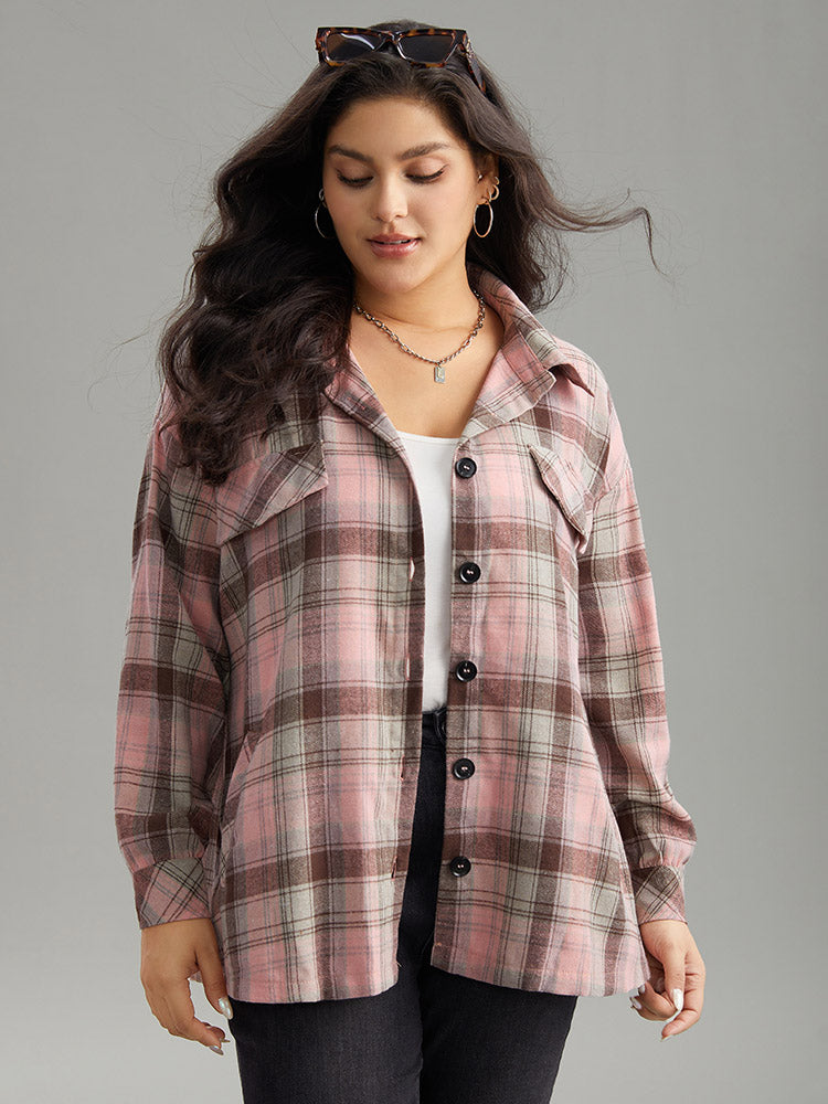 Plus Size Coats | Plaid Contrast Flap Pocket Button Fly Shacket | BloomChic