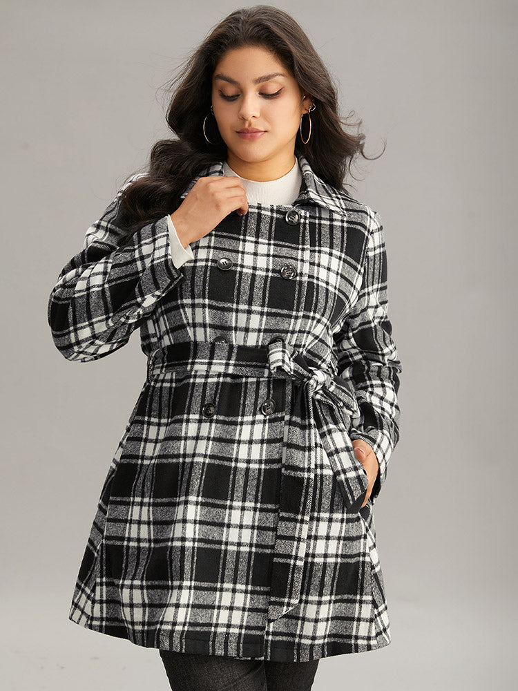 Plus Size Coats | Plaid Belted Pocket Double Breasted Coat | BloomChic