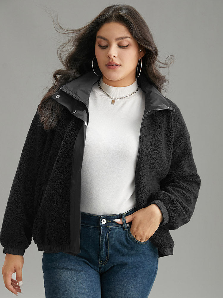Plus Size Jackets | Solid Patchwork Button Up Pocket Zipper Jacket | BloomChic