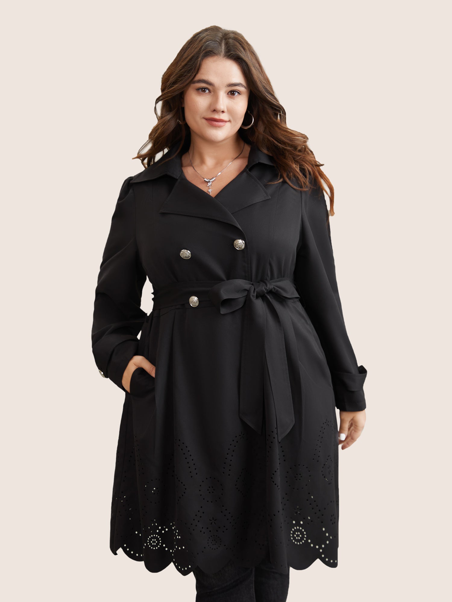 Plus Size Coats | Plain Double Breasted Belted Laser Cut Coat | BloomChic
