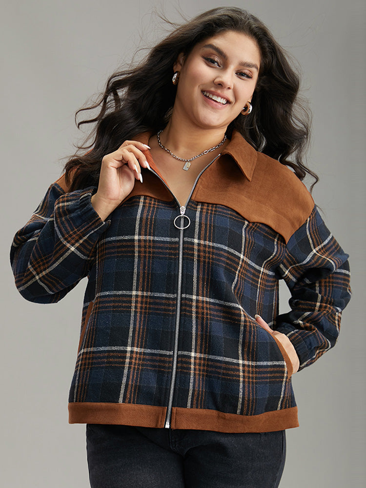 Plus Size Jackets | Plaid Patchwork Pocket Lapel Collar Zipper Fly Jacket | BloomChic