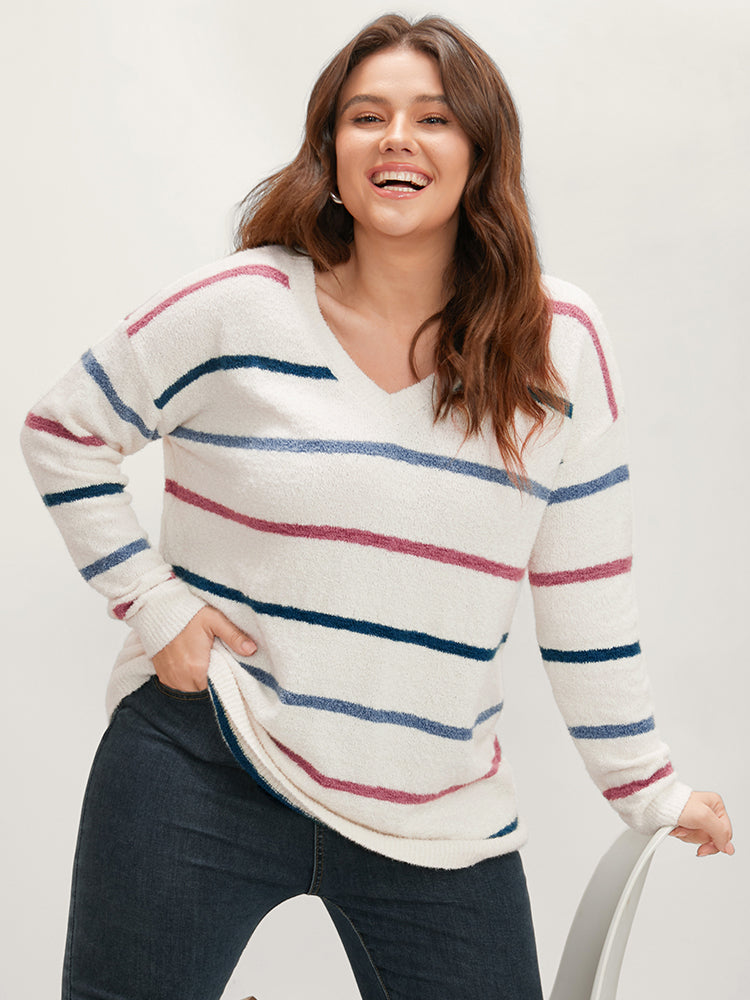 Striped Contrast Super Soft Knit V Neck Fluffy Knit Top – BloomChic