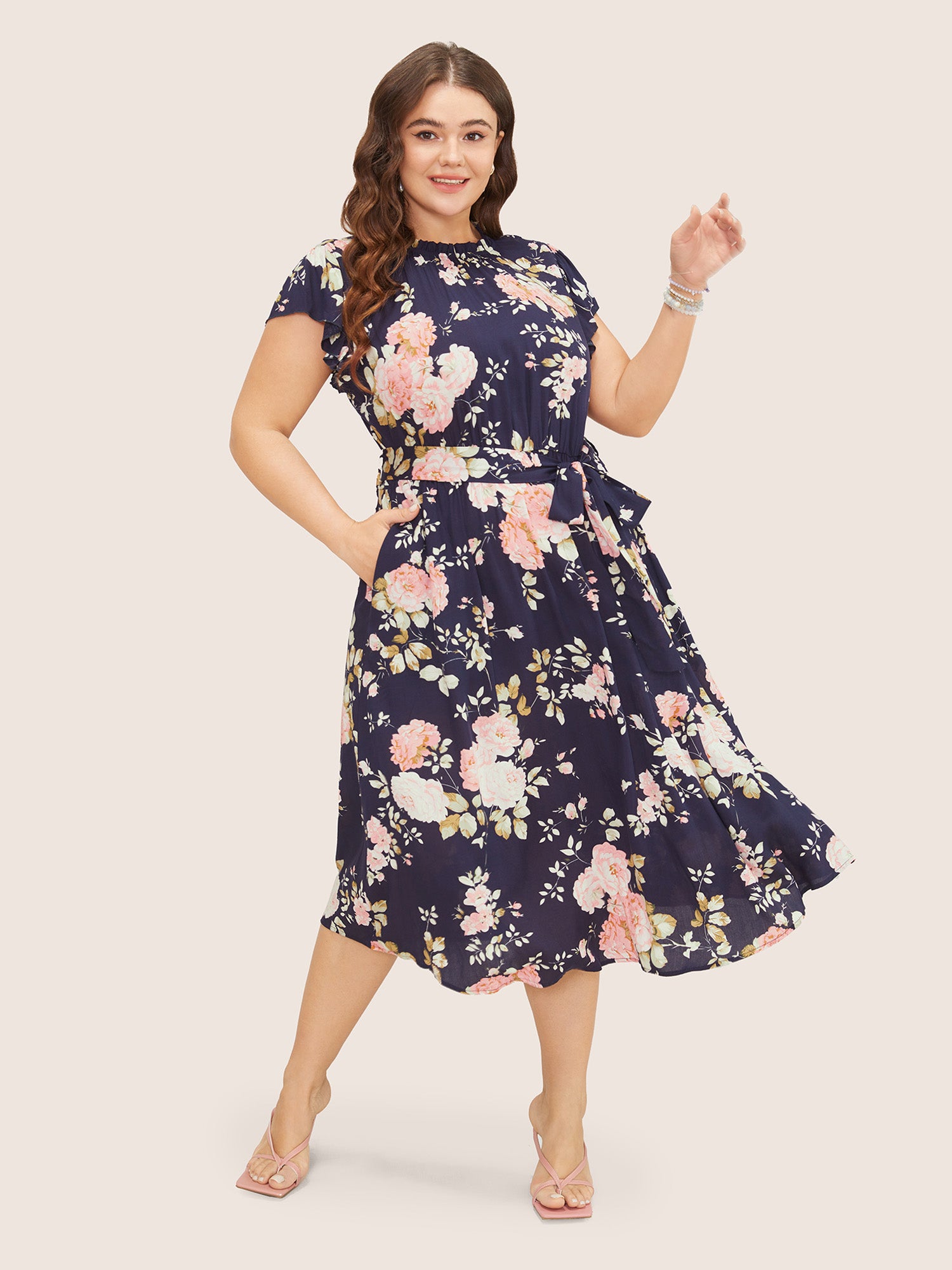 Floral Frill Trim Mock Neck Pocket Ruffle Belted Cap Sleeve Dress ...