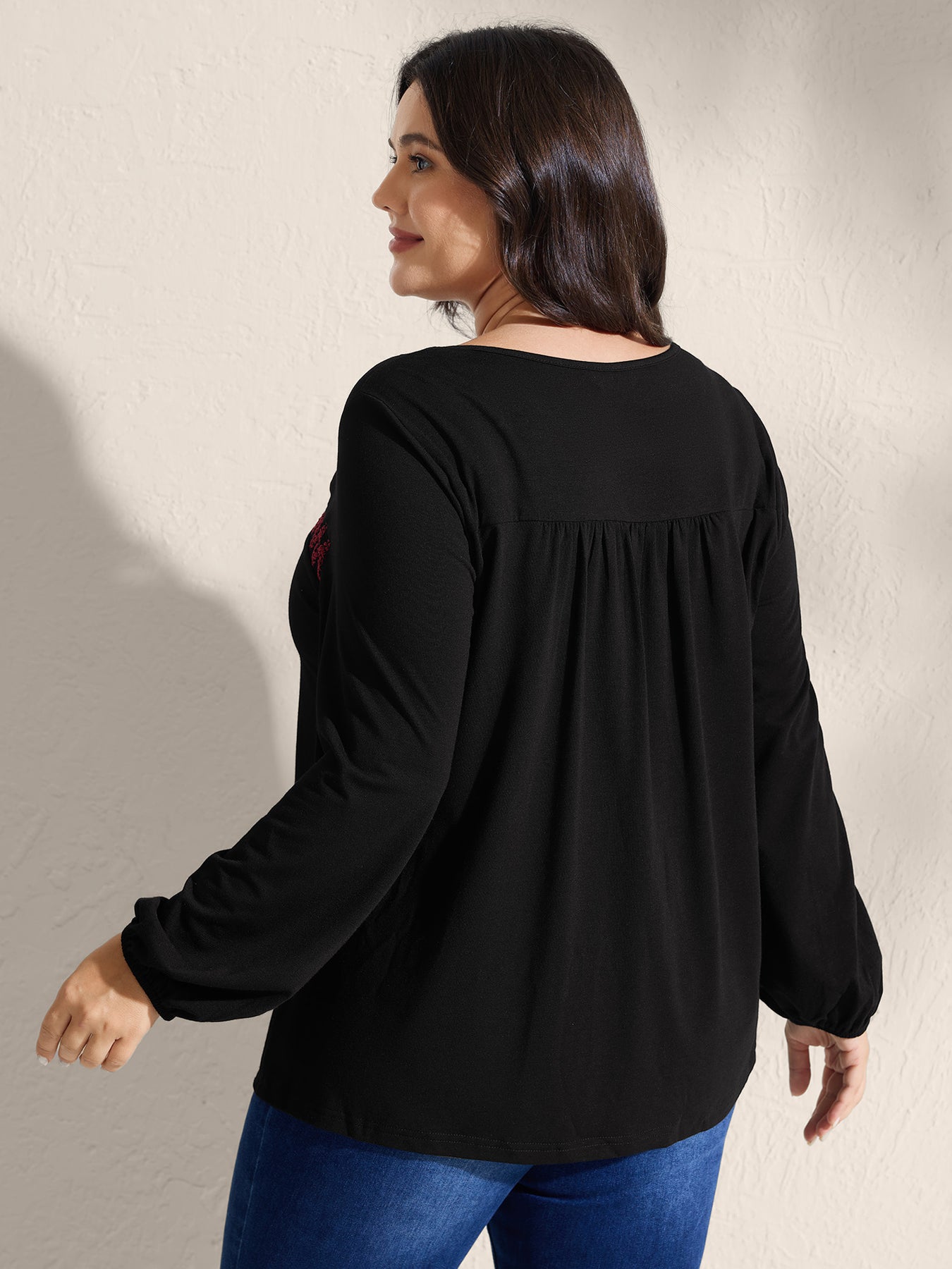 Floral Embroidery Neckline Shirred Knit Top – BloomChic