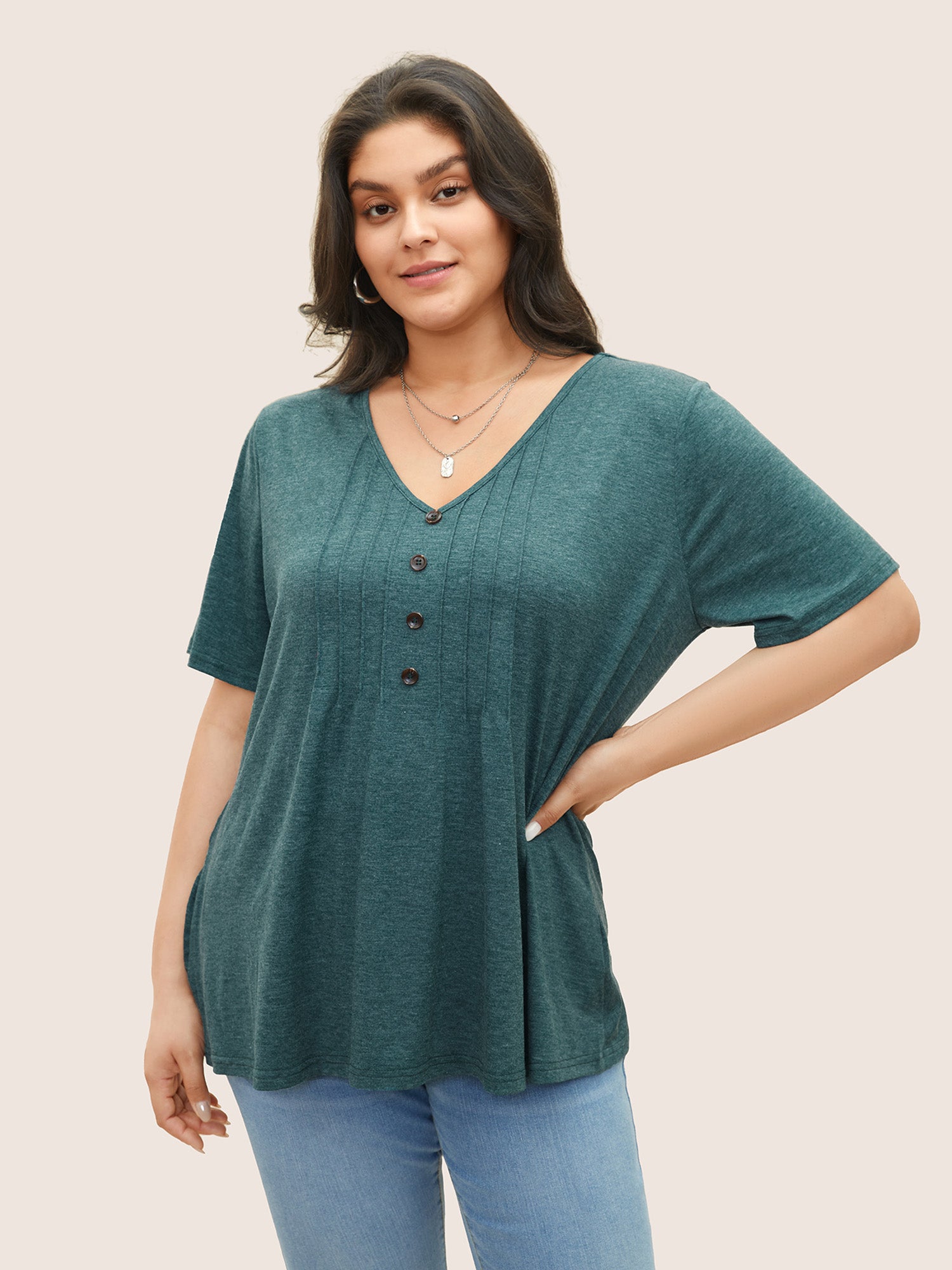 Solid Pleated Front Button Detail V Neck T-shirt – BloomChic
