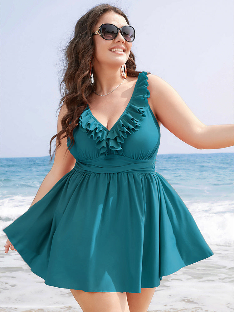 Plus Size Swim Dresses | Ruffle Trim Adjustable Straps Gathered Sculpt ...