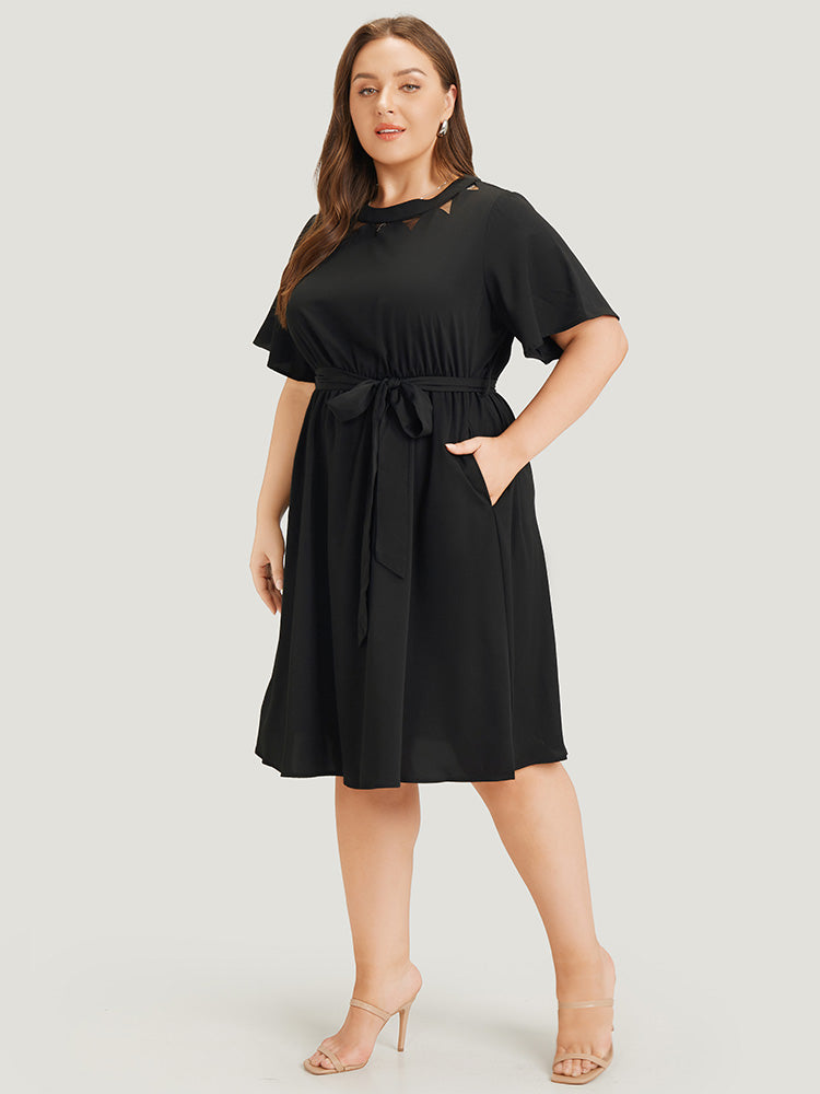 Anti-Wrinkle Solid Flutter Belted Pocket Mesh Cut Out Dress BloomChic