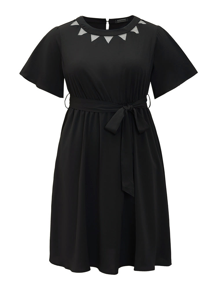 Anti-Wrinkle Solid Flutter Belted Pocket Mesh Cut Out Dress BloomChic