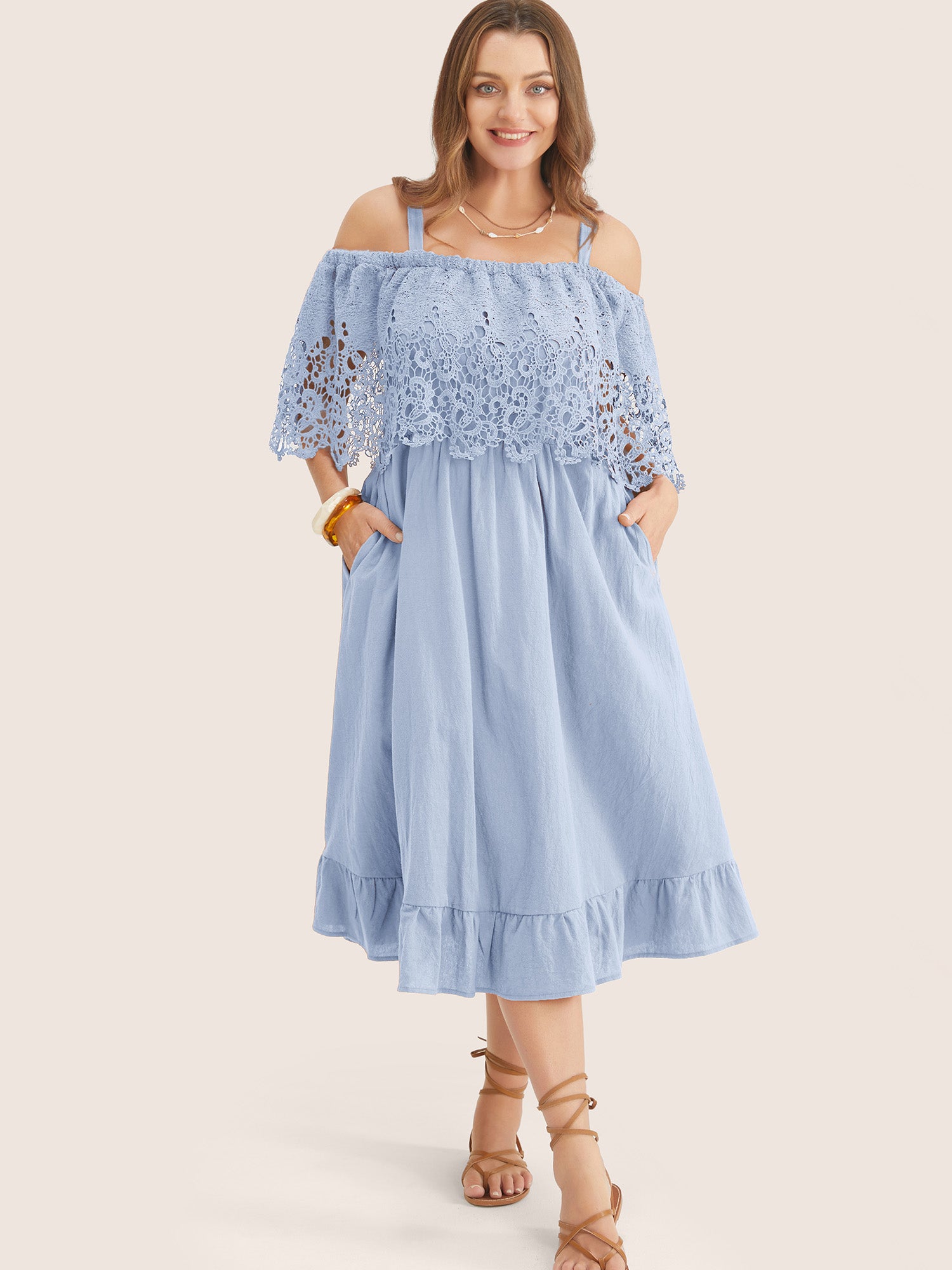 Solid Cold Shoulder Contrast Lace Pocket Ruffle Hem Dress – BloomChic