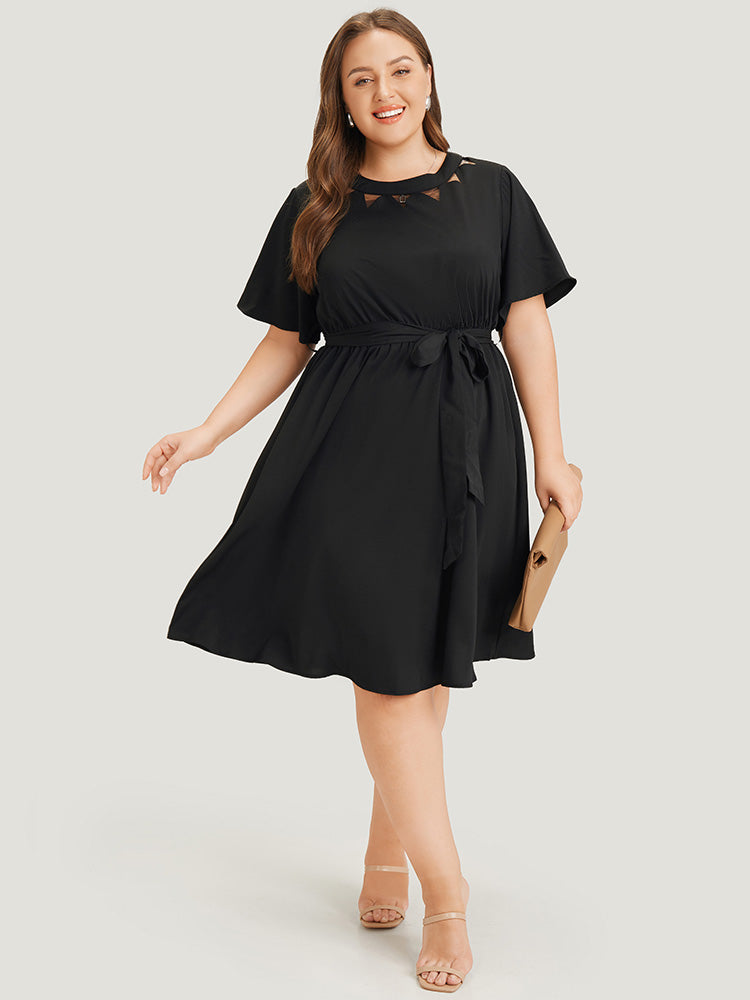 Anti-Wrinkle Solid Flutter Belted Pocket Mesh Cut Out Dress BloomChic