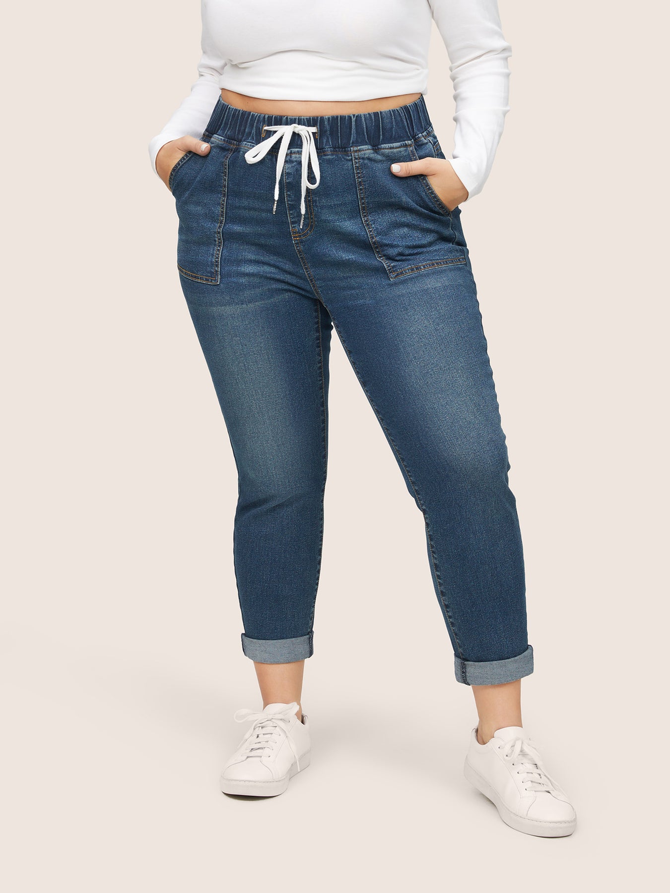 Drawstring Elastic Waist Roll Hem Jeans – BloomChic