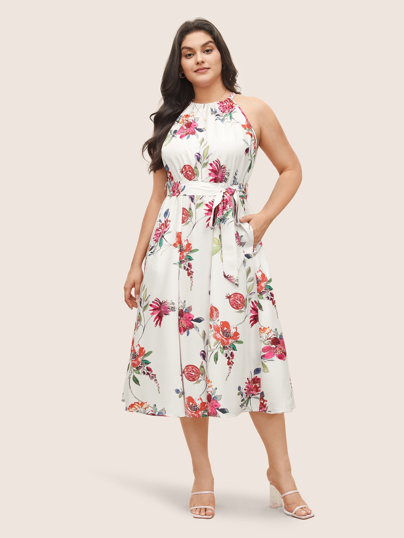 Citrus Fruit Print Halter Belted Gathered Dress – BloomChic