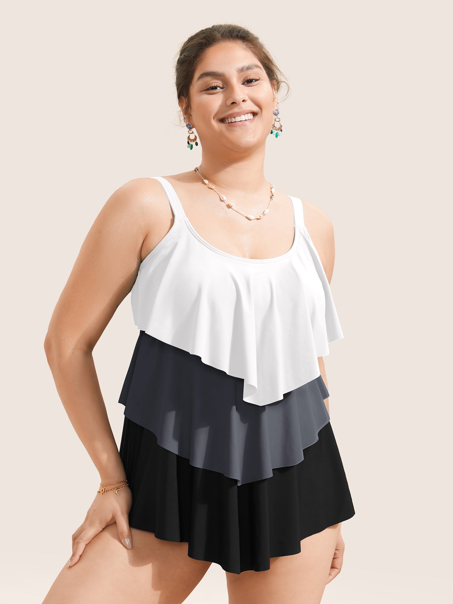 Colorblock Contrast Ruffle Layered Hem Tankini Top – BloomChic