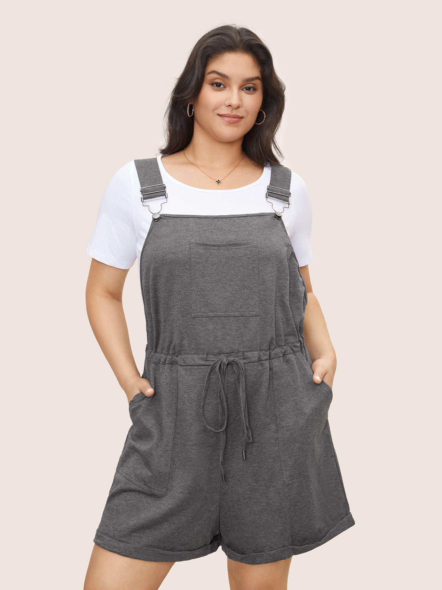 Solid Pocket Drawstring Overall Romper – BloomChic