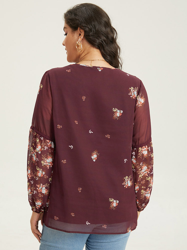 Floral Print Mesh Lace Patchwork Lantern Sleeve Blouse – BloomChic