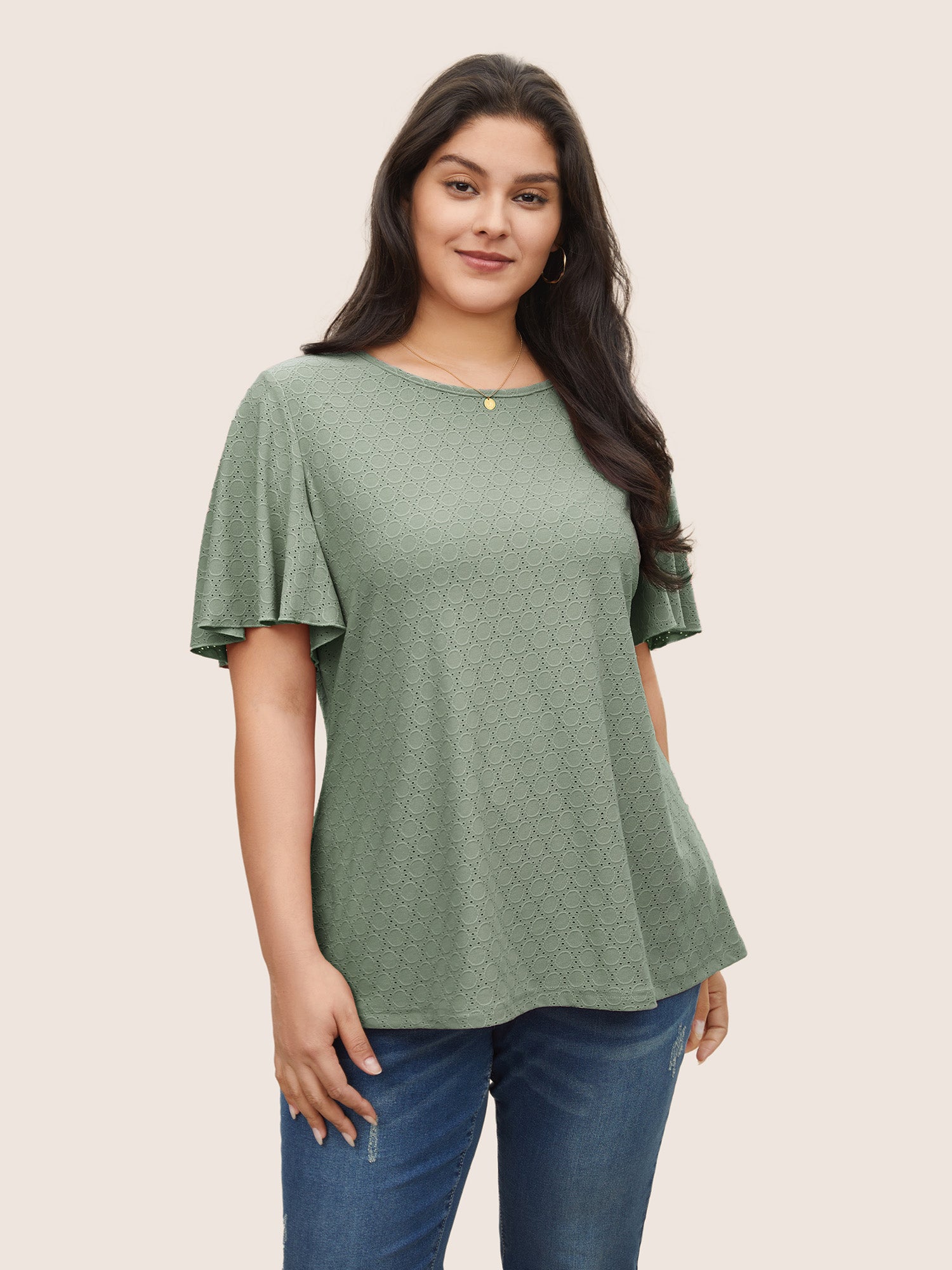Plain Textured Geometric Flutter Sleeve T-shirt – BloomChic