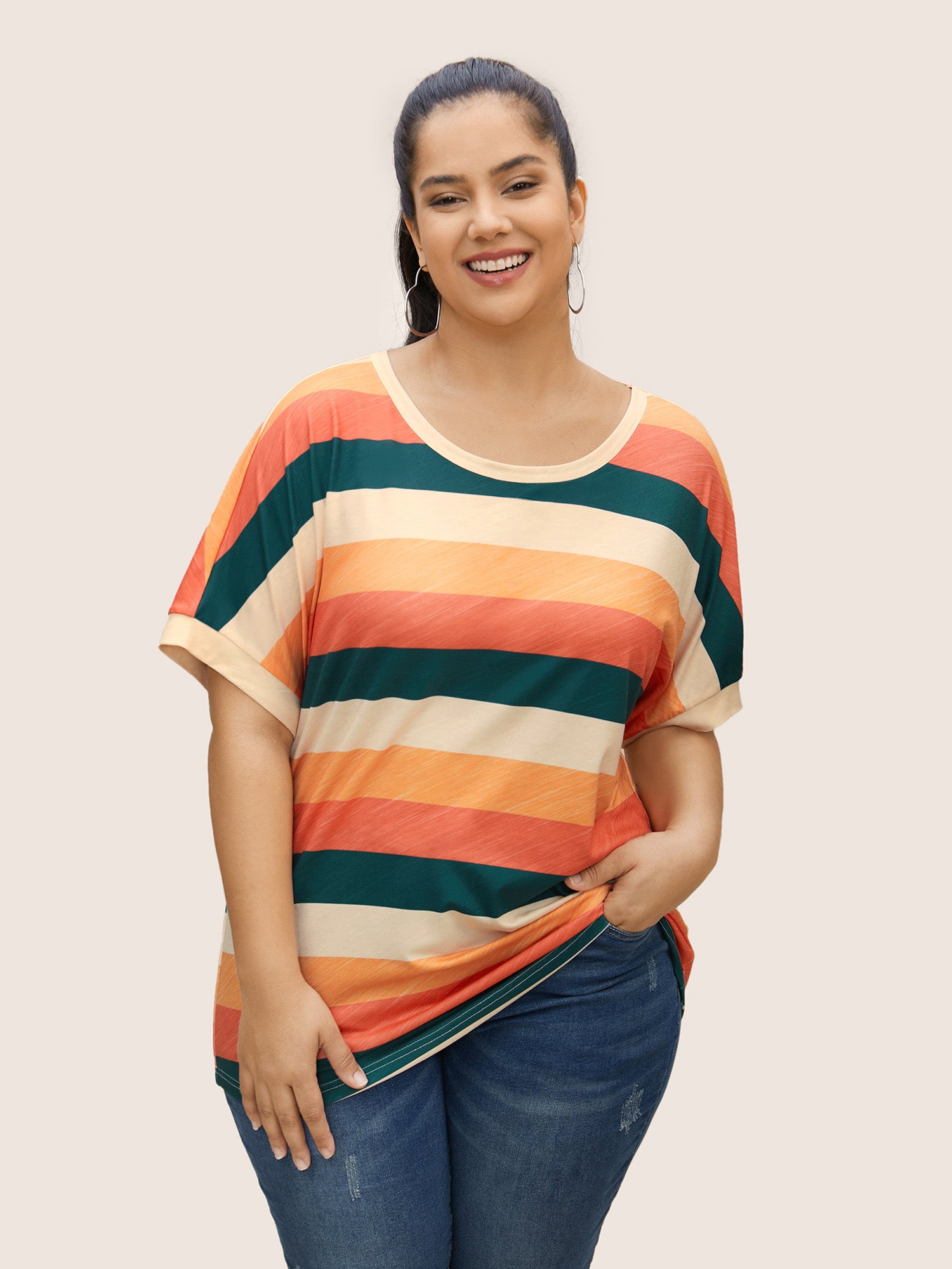 Colored Striped Crew Neck Batwing Sleeve T-shirt – BloomChic