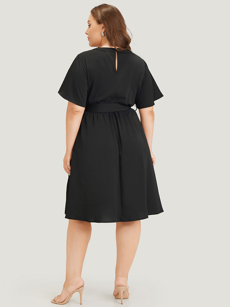 Anti-Wrinkle Solid Flutter Belted Pocket Mesh Cut Out Dress BloomChic