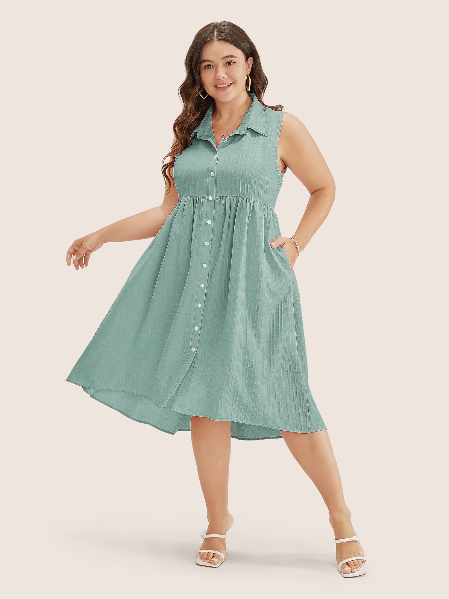 Solid Shirt Collar Ruffle Pocket High Low Hem Button Up Dress – BloomChic