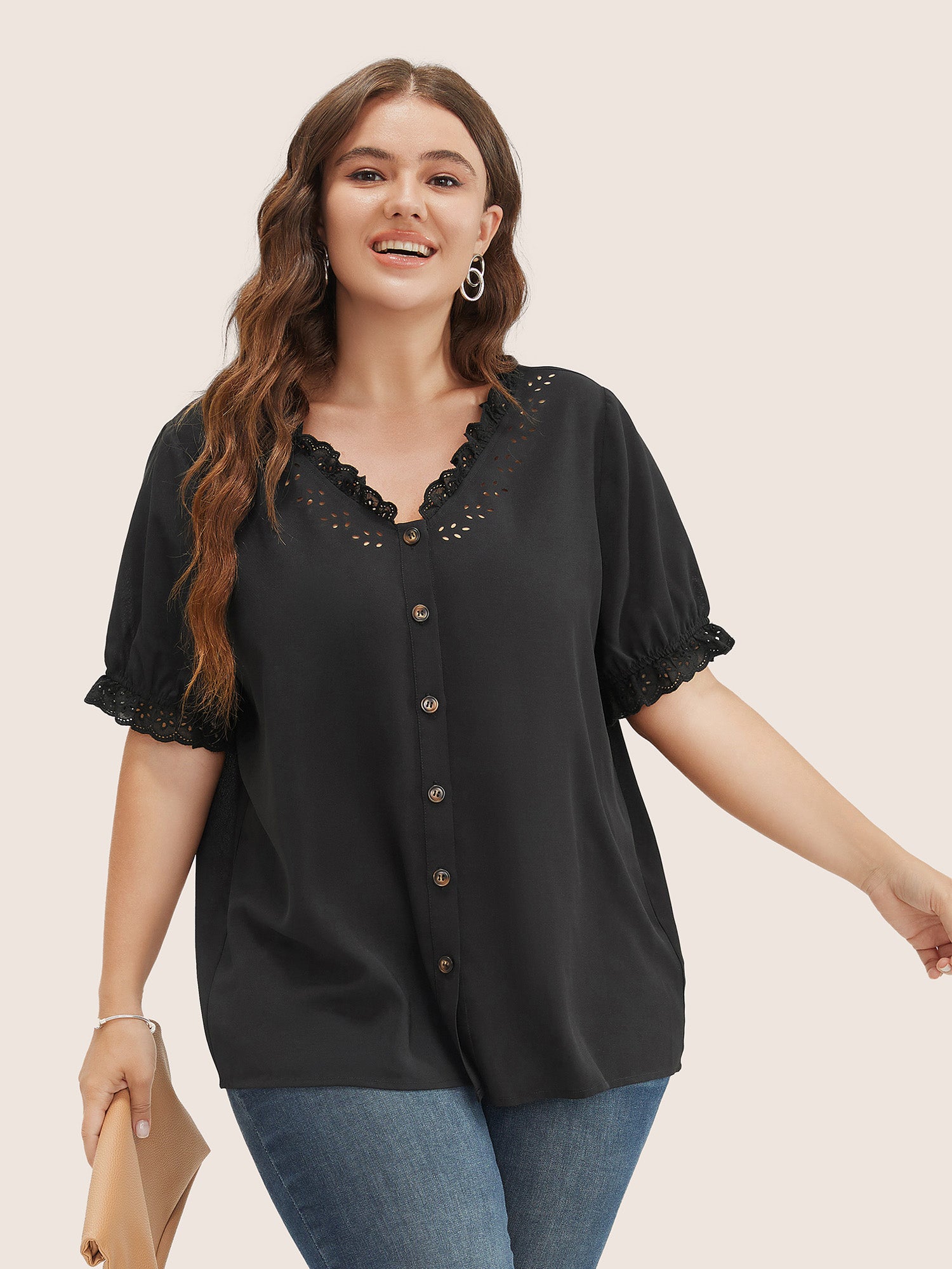 Solid Lace Trim Button Up Laser Cut Puff Sleeve Blouse – BloomChic