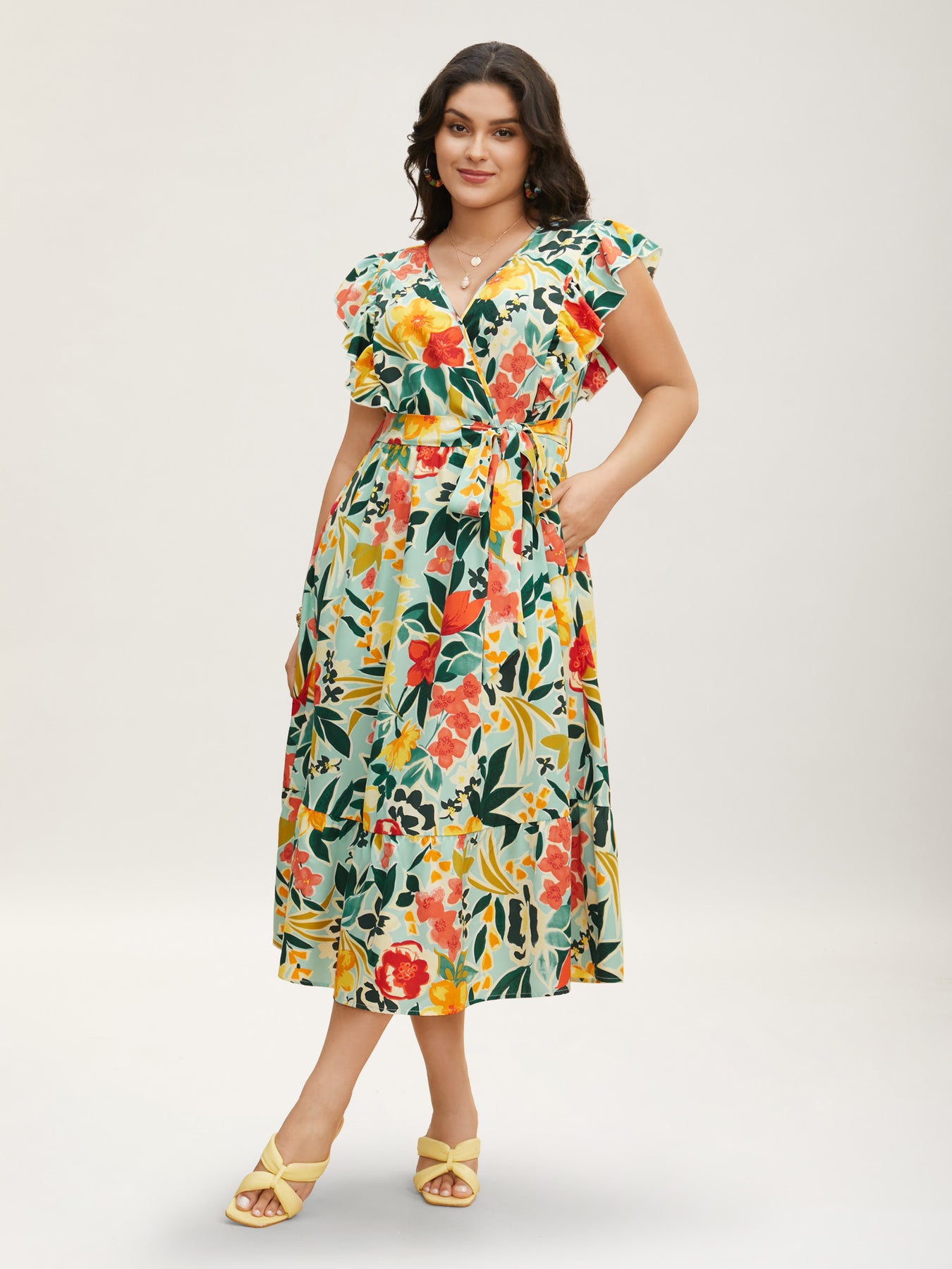 Floral Wrap Patchwork Ruffle Cap Sleeve Dress – BloomChic