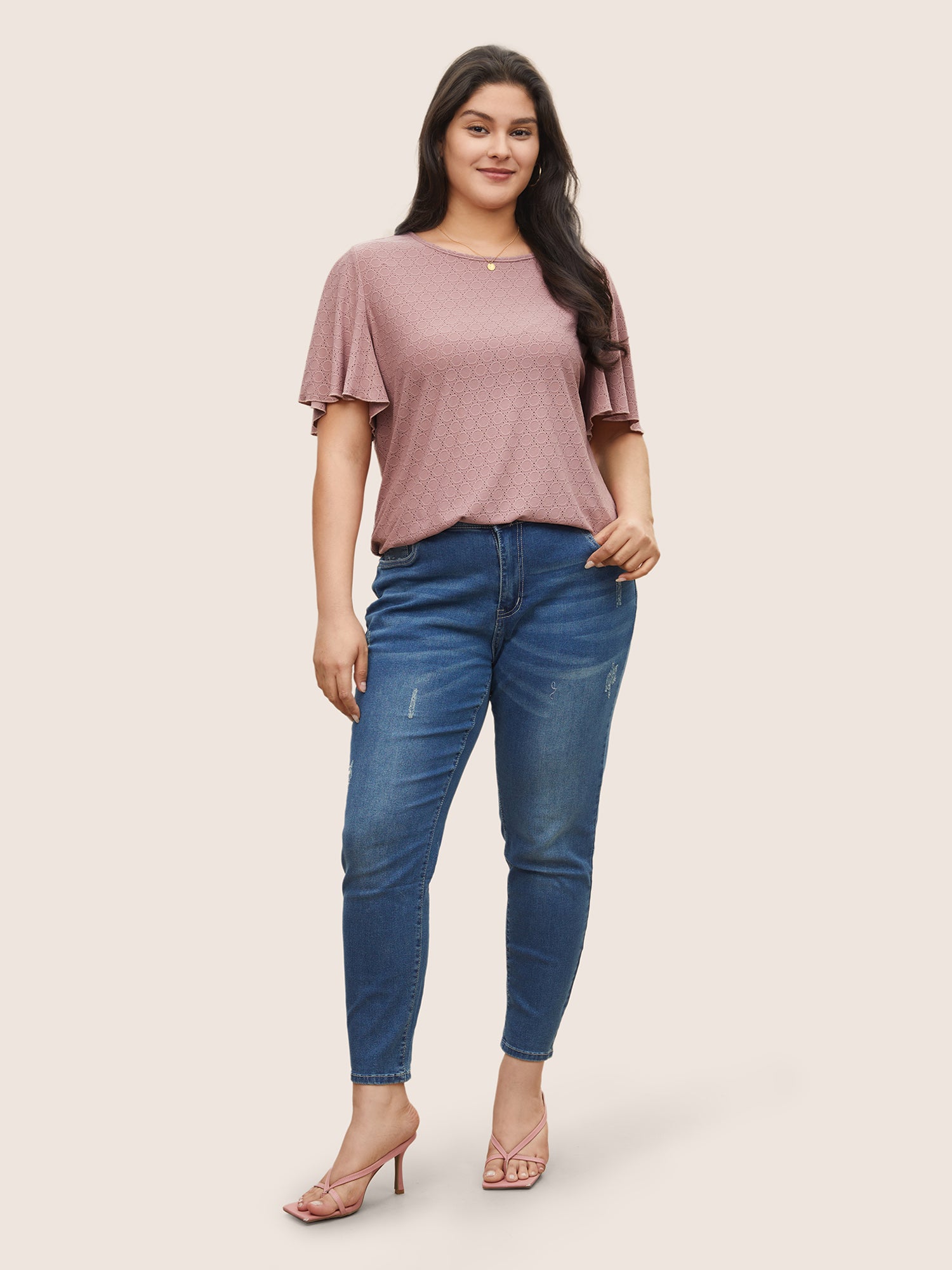 Plain Textured Geometric Flutter Sleeve T-shirt – BloomChic