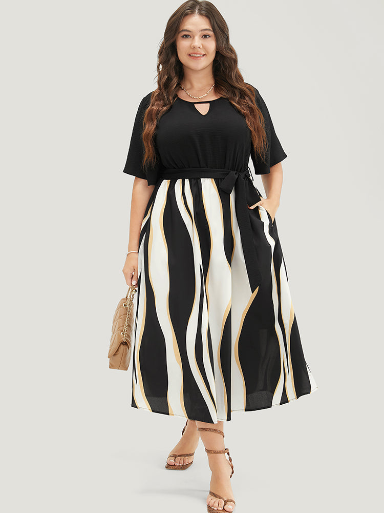 Striped Patchwork Ruffle Sleeve Pocket Belted Keyhole Dress BloomChic