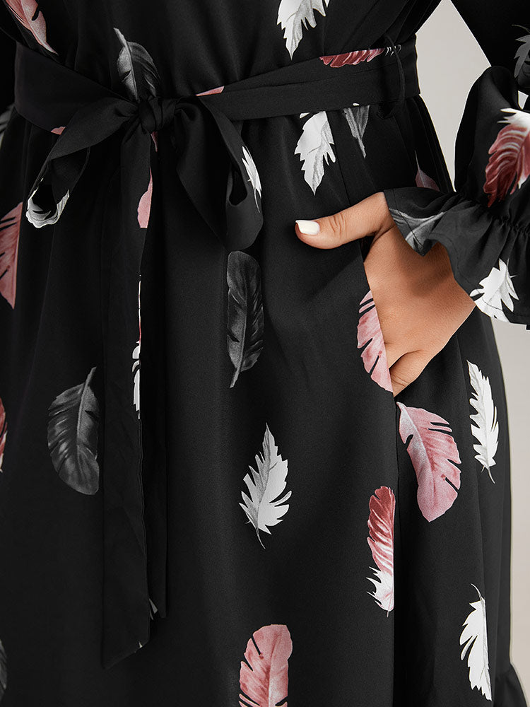 Feather Print Frill Trim Belted Ruffle Hem Dress – BloomChic