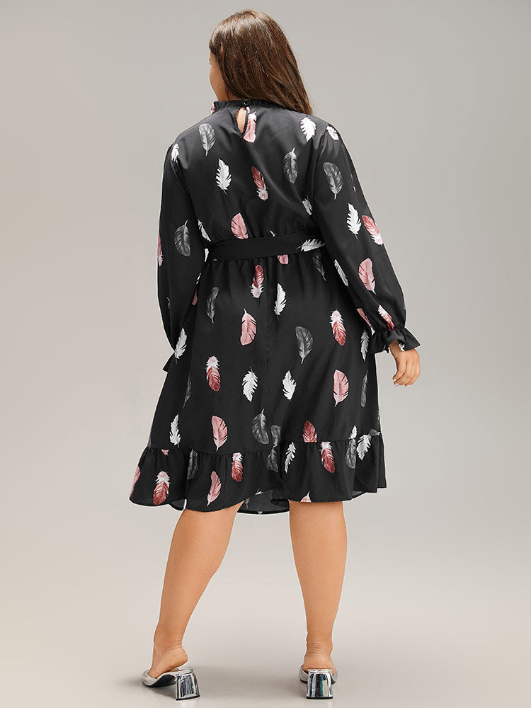 Feather Print Frill Trim Belted Ruffle Hem Dress – BloomChic