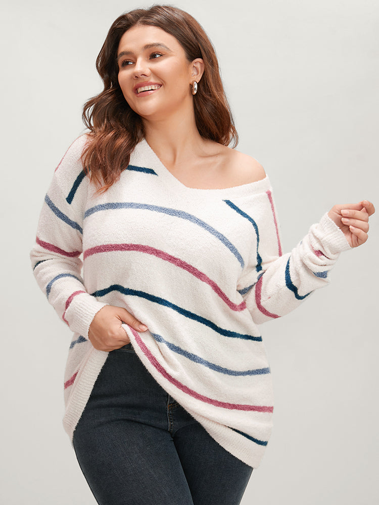 Striped Contrast Super Soft Knit V Neck Fluffy Knit Top – BloomChic