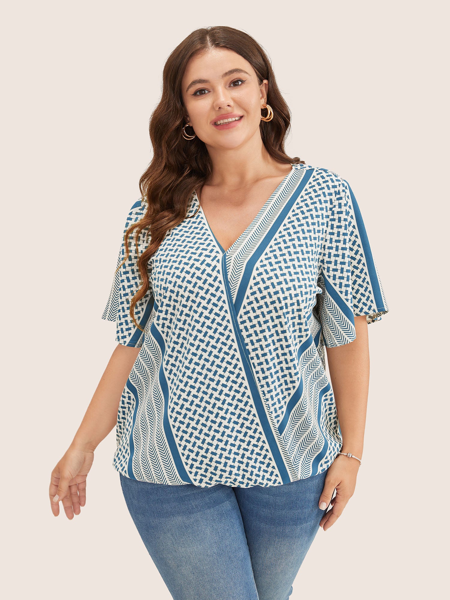 Geometric Contrast Ruffle Sleeve Wrap Blouse – BloomChic