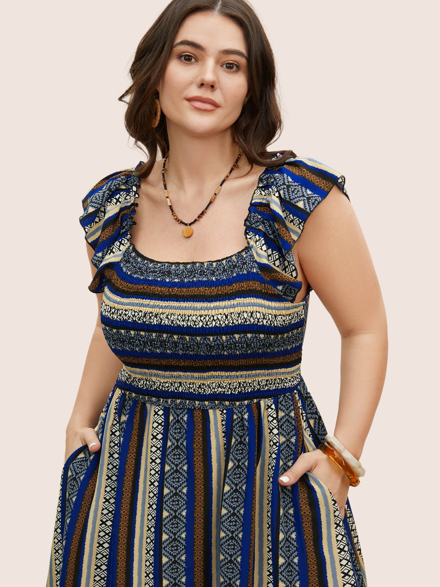 Bandana Striped Shirred Ruffle Trim Dress – BloomChic