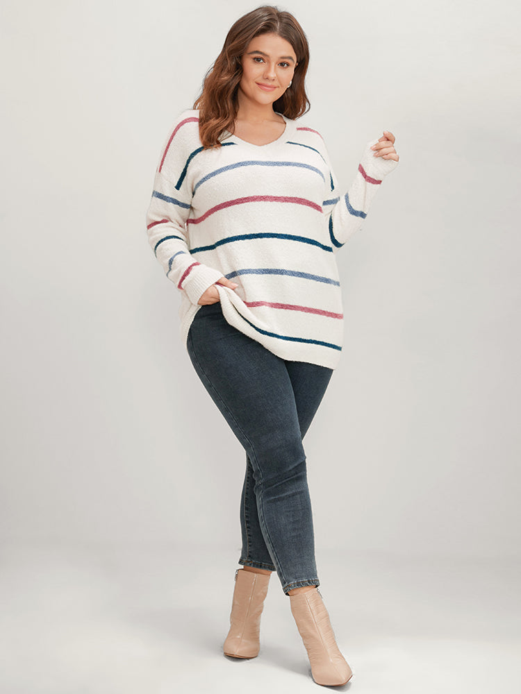 Striped Contrast Super Soft Knit V Neck Fluffy Knit Top – BloomChic