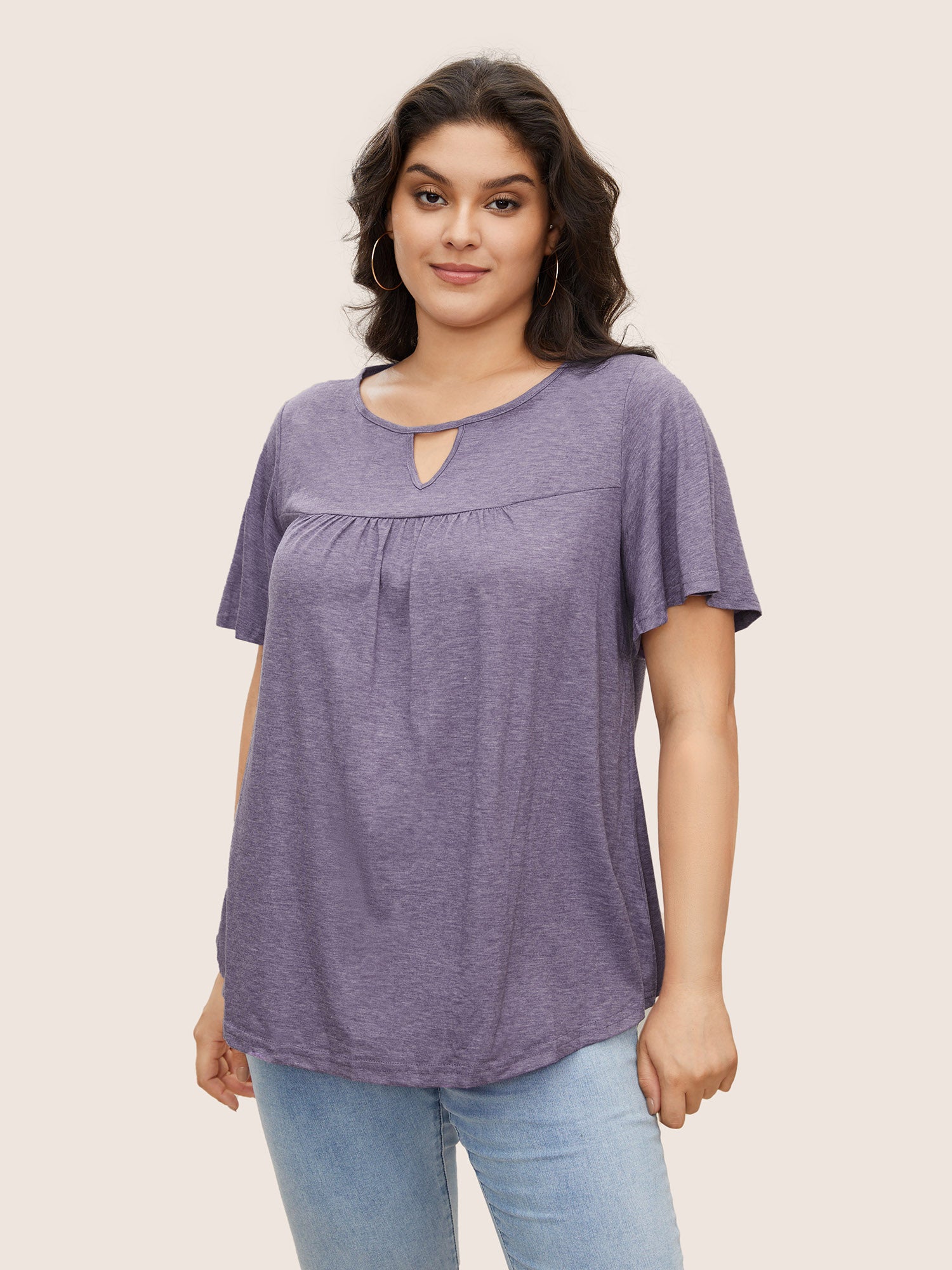 Plain Ruffle Sleeve Keyhole Gathered Crew Neck T-shirt – BloomChic