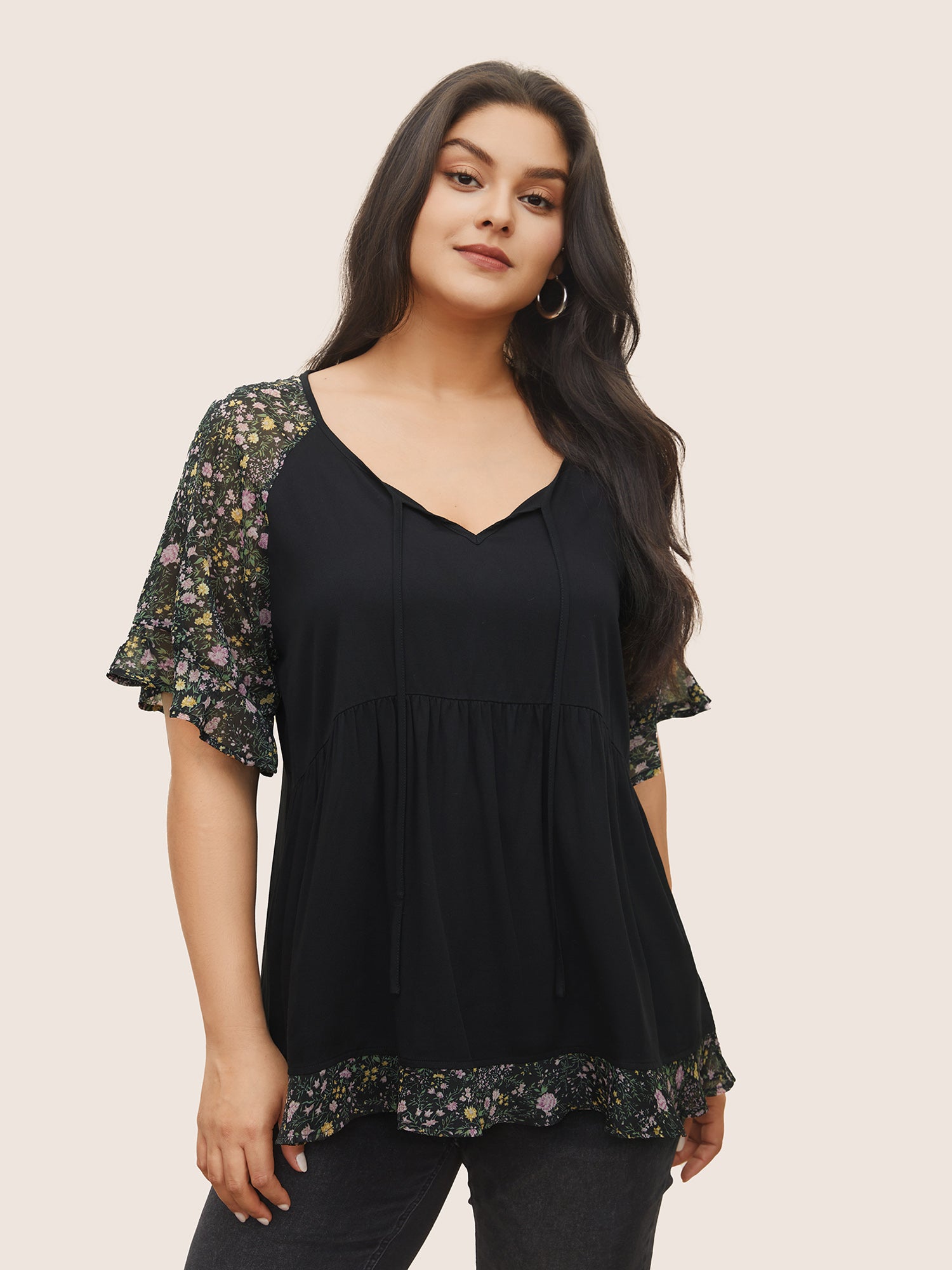 Ditsy Floral Patchwork Ties Flutter Sleeve Blouse – BloomChic