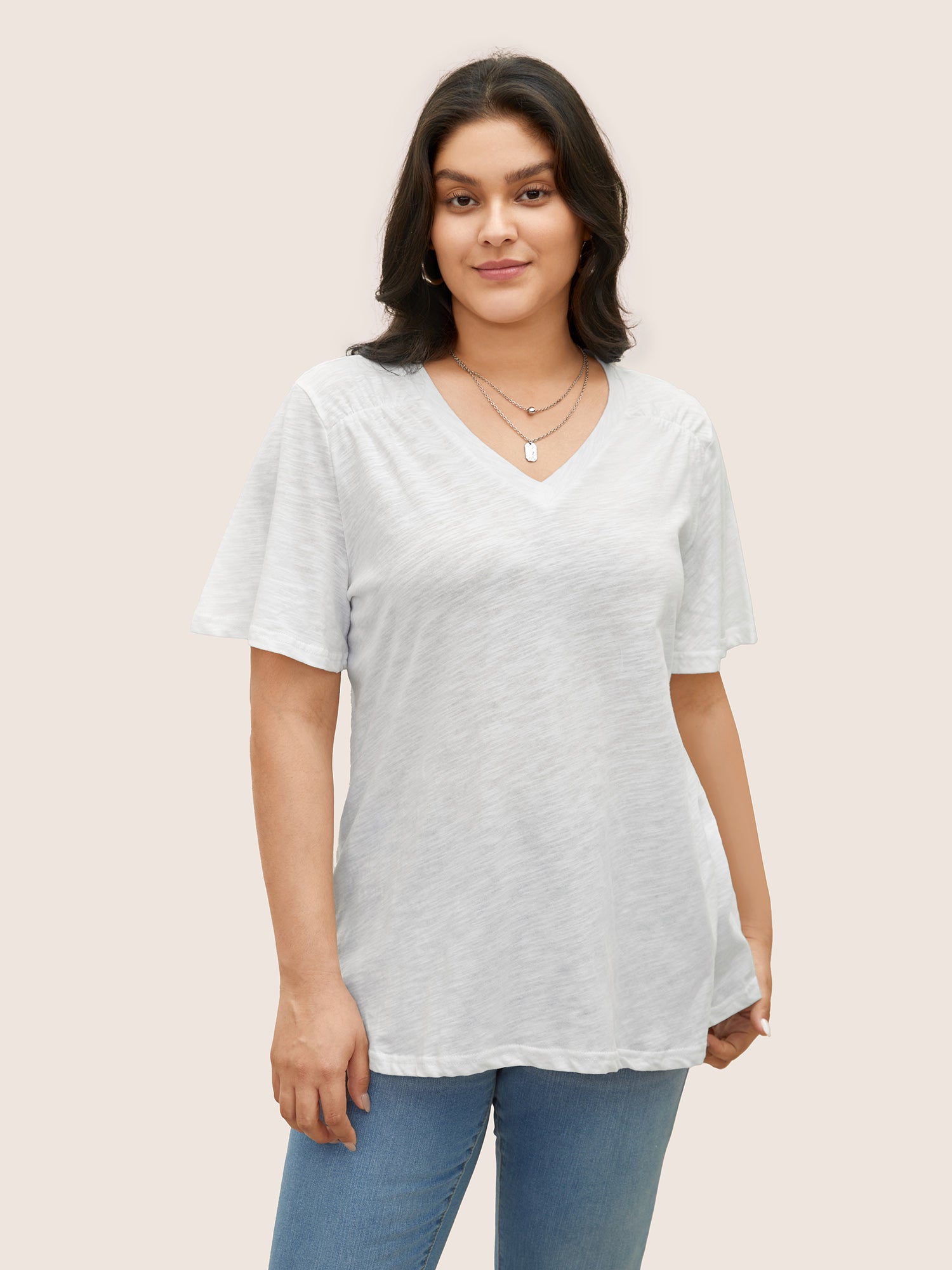 Plain Ruffle Sleeve Heather V Neck T-shirt – BloomChic