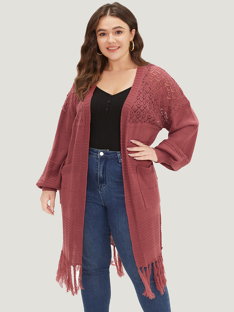 Plus Size Cardigans | Plain Fringe Trim Patched Pocket Cardigan | BloomChic