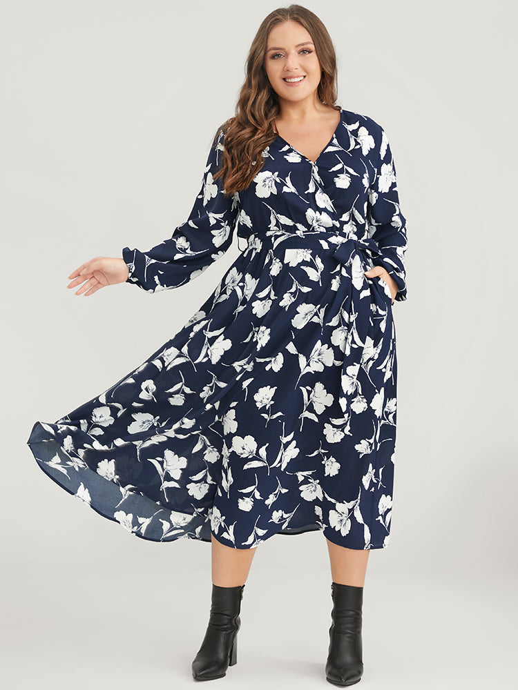 Floral Pocket Surplice Neck Belted Midi Dress – BloomChic