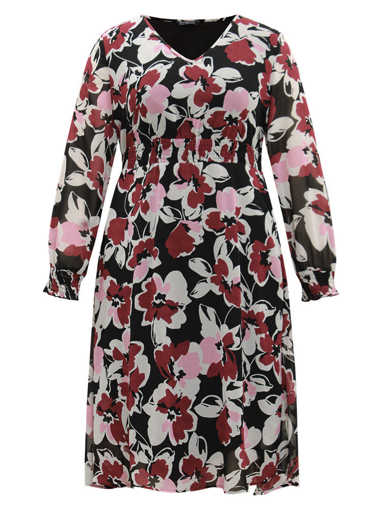Floral Print Chiffon Shirred Elastic Cuffs Dress – BloomChic