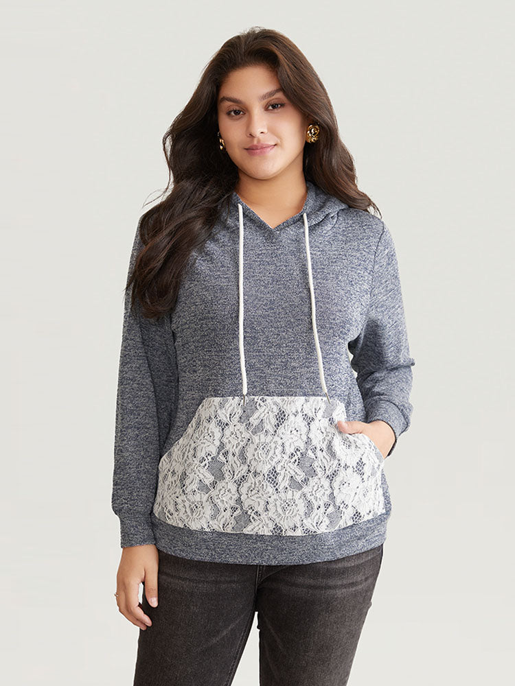 Plus Size Sweatshirts | Crochet Lace Patchwork Pocket Hooded Sweatshirt ...