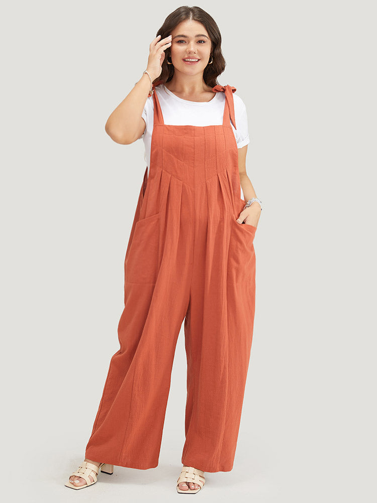 Solid Pleated Detail Pocket Knotted Shoulder Overall Jumpsuit BloomChic