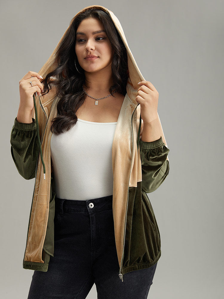 Plus Size Jackets | Velvet Contrast Hooded Slant Pocket Jacket | BloomChic