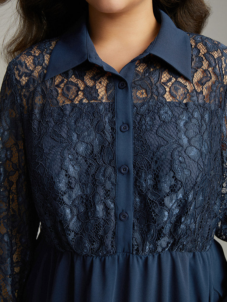 Contrast Lace Shirt Collar Ruffle Hem Dress – BloomChic